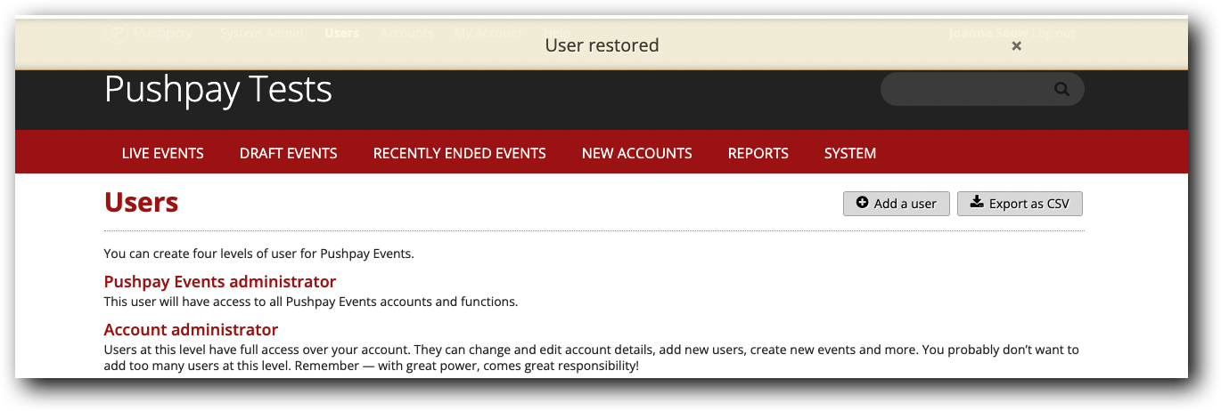 How to Manage Users on Pushpay Events