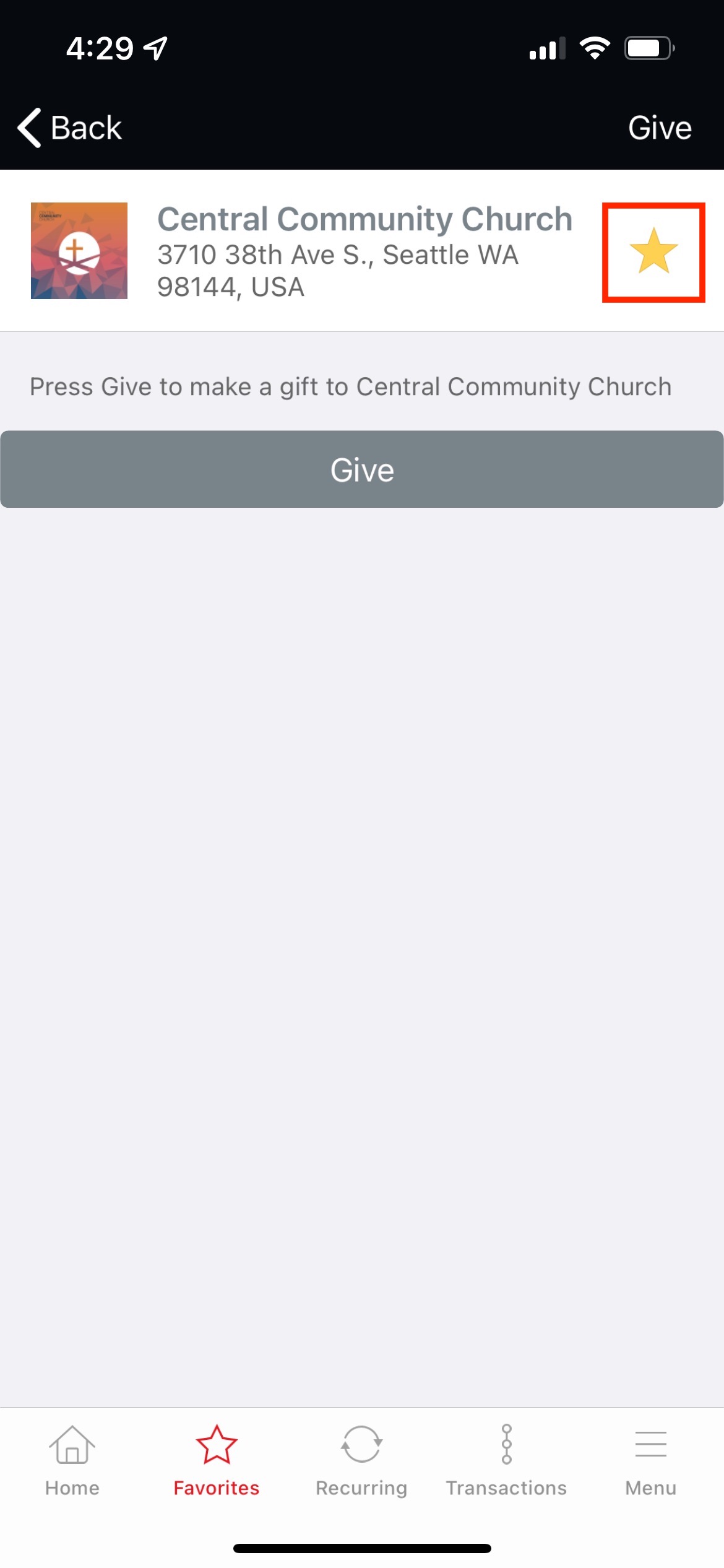 How to Add or Remove a Favorited (Starred) Organization in the Pushpay Giving App