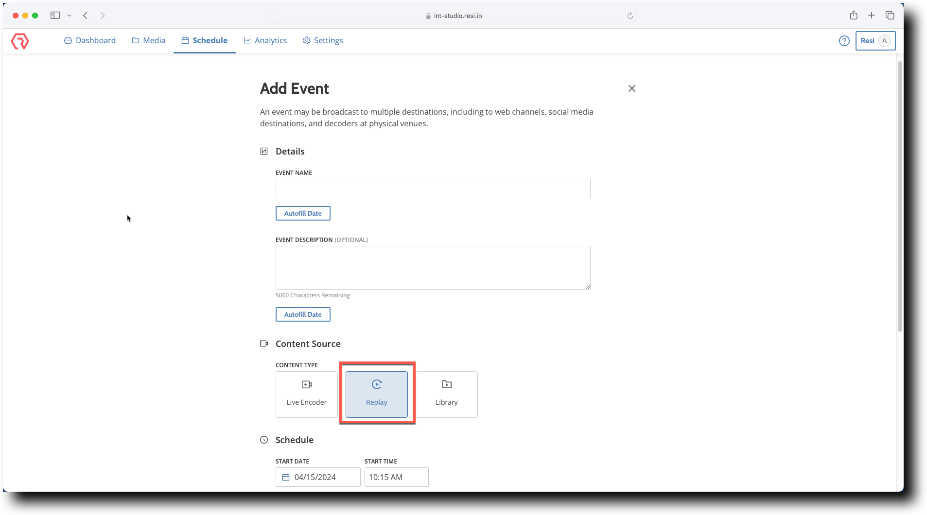 Schedule a Replay Event
