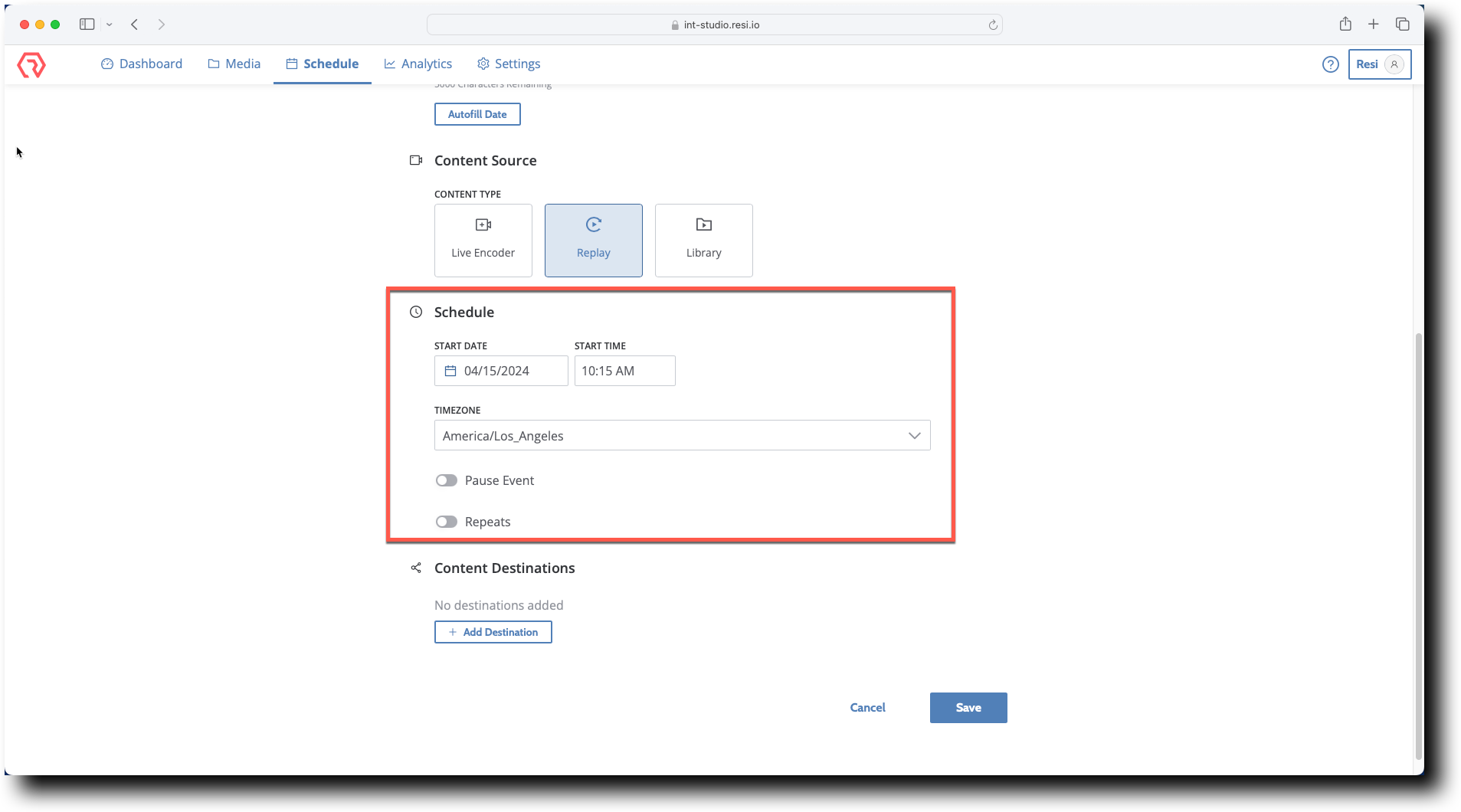 Schedule a Replay Event