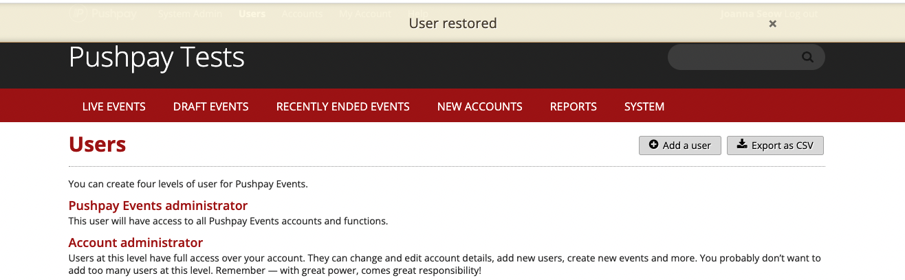 How to Manage Users on Pushpay Events
